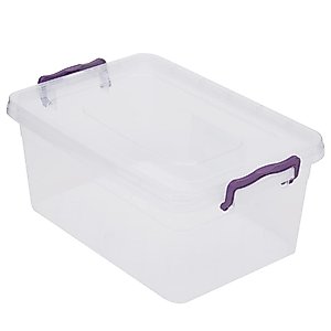 Home Basics Plastic Storage Box with Locking Lid, Clear | Durable Latches for Secure Closure | Purple Handles (7.5 liter)