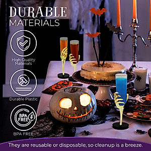 4E's Novelty Skeleton Hand Flutes 12 Pack - Premium Clear Plastic Halloween Champagne Cocktail Goblets (2.7oz) BPA-Free Drinking Glasses for Spooky Parties, Halloween Skeleton Wine Glasses