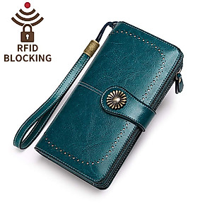 KELEEL Women's RFID Blocking Wallet Genuine Leather Clutch Wallet Card Holder Organizer Ladies Purse (Blue)