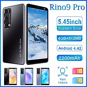Smartphone, Rino9 Pro Android 4.4.2, 512MB 4GB Dual SIM Phone Finger Face ID 2200mAh 5.45 Inch Celular, 0.3MP Front HD Camera, 2MP Rear Camera, Gift for Friends Family (Gray)