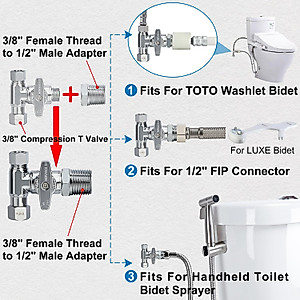 YUHX Brass Angle Stop Add-A-Tee Valve for TOTO Washlet Bidet and Handheld Sprayer, 3/8 Inch Compression Shut Off 3 Way Diverter Connector, 3/8"x3/8"x3/8" or 1/2" Toilet T Adapter