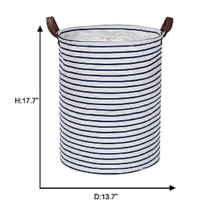 FRIENDIY Large Laundry Hamper, Removable Laundry Basket, foldable fabric laundry basket, drawstring waterproof round cotton linen storage basket. (Blue Strips, 17.7"/Medium)