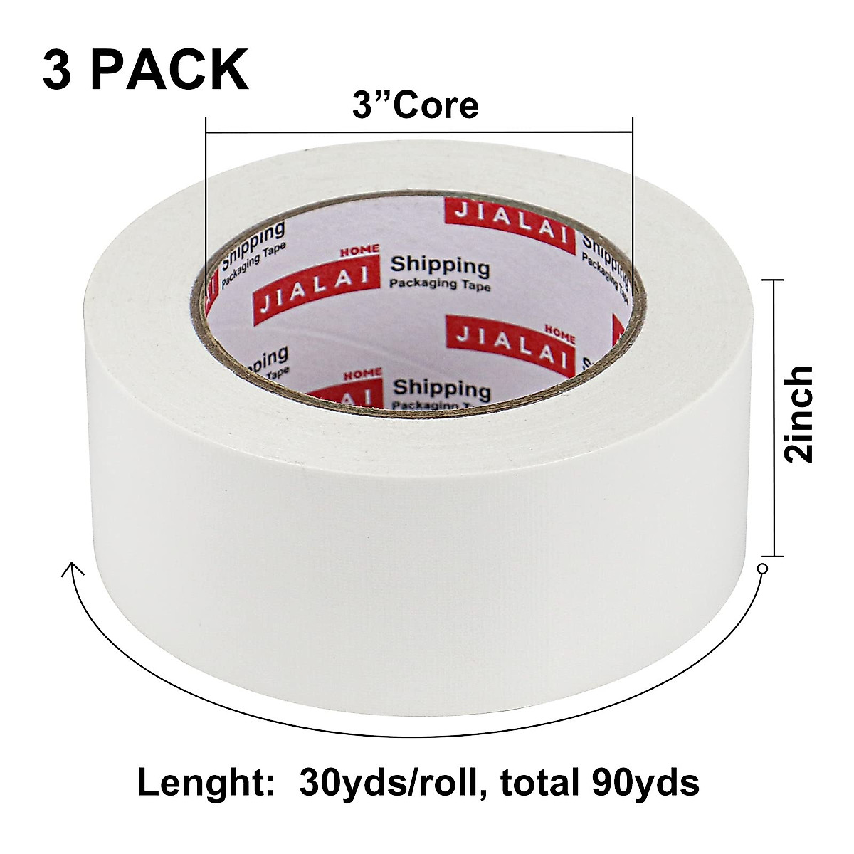 JIALAI HOME 3 Pack Heavy Duty White Duct Tape, 2 Inches x 30 Yards, 8.27 mil, Strong, Flexible, No Residue, All-Weather and Tear by Hand - for Repairs, Industrial, Professional Use