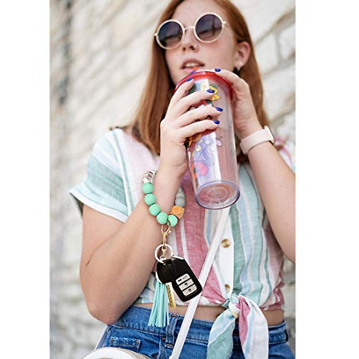 NVENF Silicone Bead Keychain Bracelet Large Keyring Elastic House Car Key Ring Wristlet Bangles Mint Green