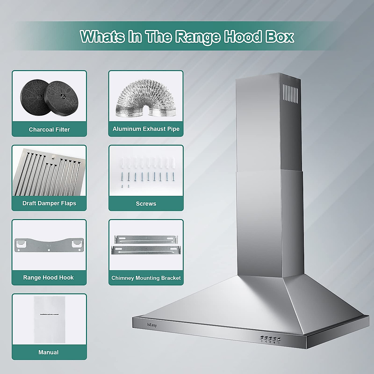 Range Hood 30 inch, IsEasy Wall Mount Vent Hood 500 CFM with Ducted Convertible Ductless Kitchen Hood in Stainless Steel, 3 Speed Exhaust Fan, Charcoal Filters & Vent Hose included