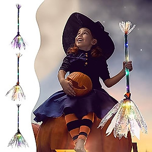 Halloween Witch Broom, 25 in LED Light Decorated Broomstick Witch Sweeper, Kids Cosplay Wicked Broomstick Props (Purple)