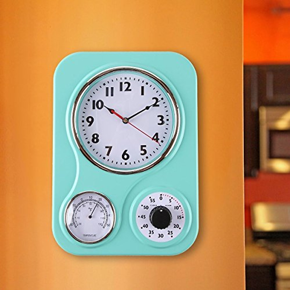 Lily's Home Retro Kitchen Wall Clock, with a Thermometer and 60-Minute Timer, Ideal for Any Kitchen, Turquoise (9.5 in x 13.3 in)