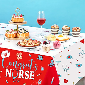 Moukeren 3 Pieces Nurse Graduation Tablecloth Nurse Graduation Party Supplies Nurse Plastic Congrats Table Covers Red White Nurse Graduation Table Cloth for Nurse Graduation Party Decor 54 x 108 Inch