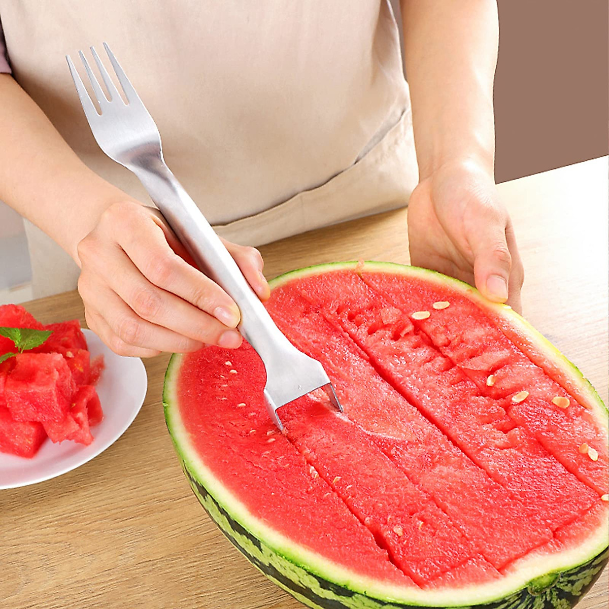 WDDH 2 in 1 Watermelon Slicing Knife,Dual Head Stainless Steel Fruit Forks Cutter Knife Portable Watermelon Fork Cutter Tool for Party Camping Kitchen Gadget[#1]
