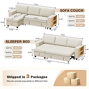 Flamaker 80" Sleeper Sofa, Sofa Bed with Built-in Large Storage and 2 Bookshelves, Convertible Sectional Sofa Couch, Pull Out Couch with USB, Modern Couches for Living Room (Corduroy, Light Beige)