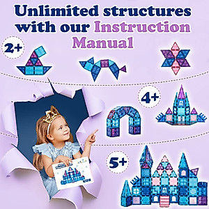 102pcs Frozen Princess Castle Magnetic Tiles Building Blocks - 3D Diamond Blocks, STEM Educational Toddler Toys for Pretend Play, 4 Year Old Girl Birthday Gifts Kids Ages 3 5 6 7 8