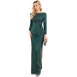 Ever-Pretty Women's Sparkle V Back Sequin Bodycon Long Sleeves Fall Maxi Formal Gowns Dark Green US16