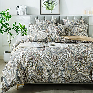 FADFAY Paisley Duvet Cover Set Queen Classic Boho Paisley Bedding Exotic Bohemian Paisley Quilt Cover 800 Thread Count 100% Egyptian Cotton Comforter Cover with Hidden Zipper Closure 3Pcs, Queen Size