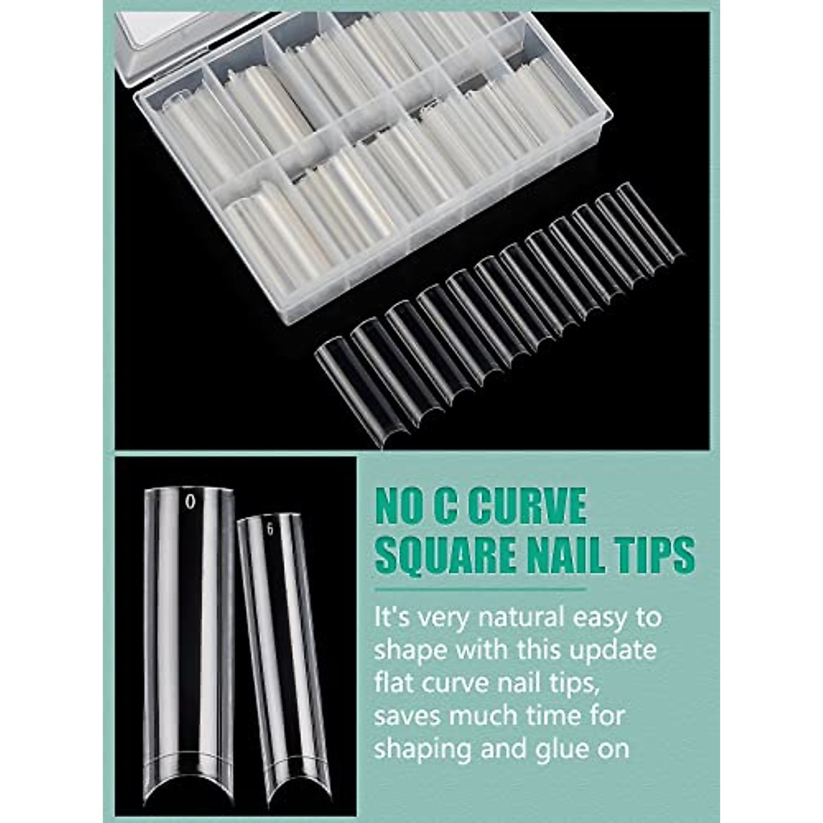 480PCS Extra Long NO C Curve Nail Tips XL, 2 Packs Natural and Clear Nail Tips for Acrylic Nails Professional Set, 12 Sizes Straight Tapered Square Press on False Nail Tips for Nail Art Salon Home DIY