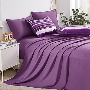 KAKIJUMN 5 Piece Bed in a Bag Stripe Comforter Set Twin Size, White and Purple Patchwork Striped Comforter and Sheet Set, All Season Soft Microfiber Complete Bedding Sets(Purple,Twin)
