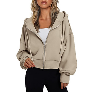 Trendy Queen Hoodies for Women Full Zip Up Cropped Sweatshirts Jackets Casual Comfy Gym Tops Fall Outfits Winter Clothes 2024 Khaki