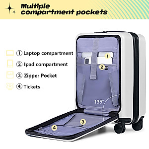 AnyZip Carry On Luggage 20'' Suitcase with Pocket Compartment ABS+PC Spinner Wheels TSA Lock White