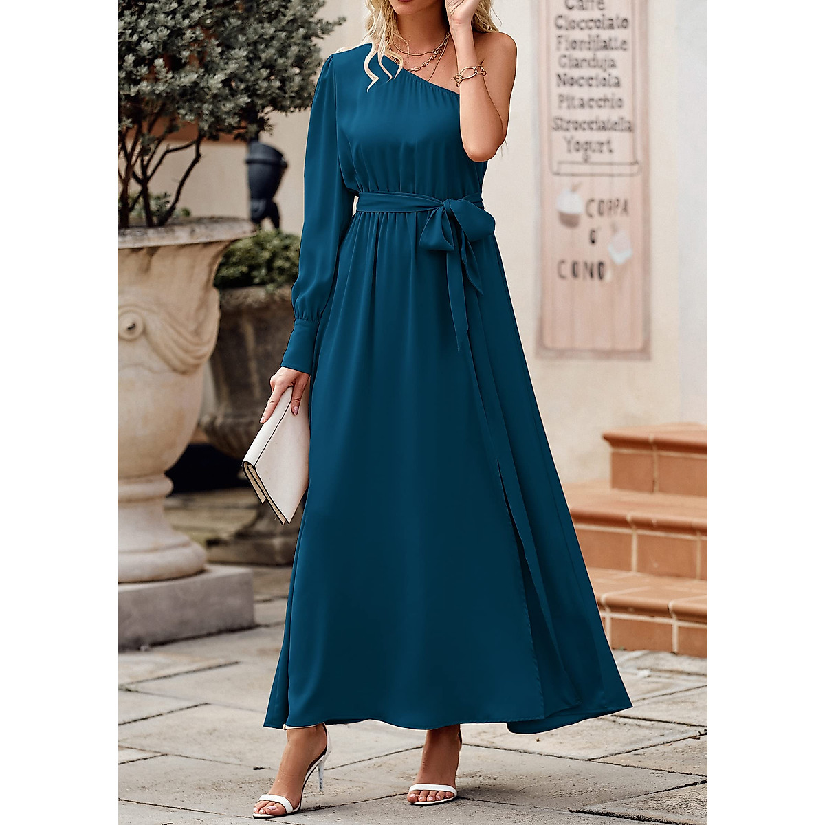 KIRUNDO Women's Satin Long Sleeve One Shoulder Maxi Dress Asymmetrical Tie Waist Slit Party Cocktail Long Formal Dresses(Dark Blue, X-Large)