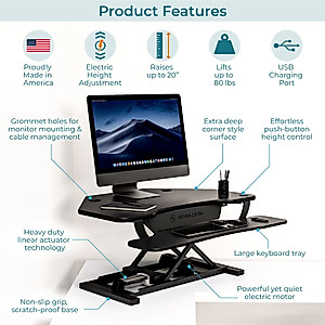 VERSADESK 36" Corner Standing Desk Converter, PowerPro Electric Height Adjustable Desk Riser for Standing or Sitting, Keyboard Tray, USB Charging Port, Holds 80 lbs, Black
