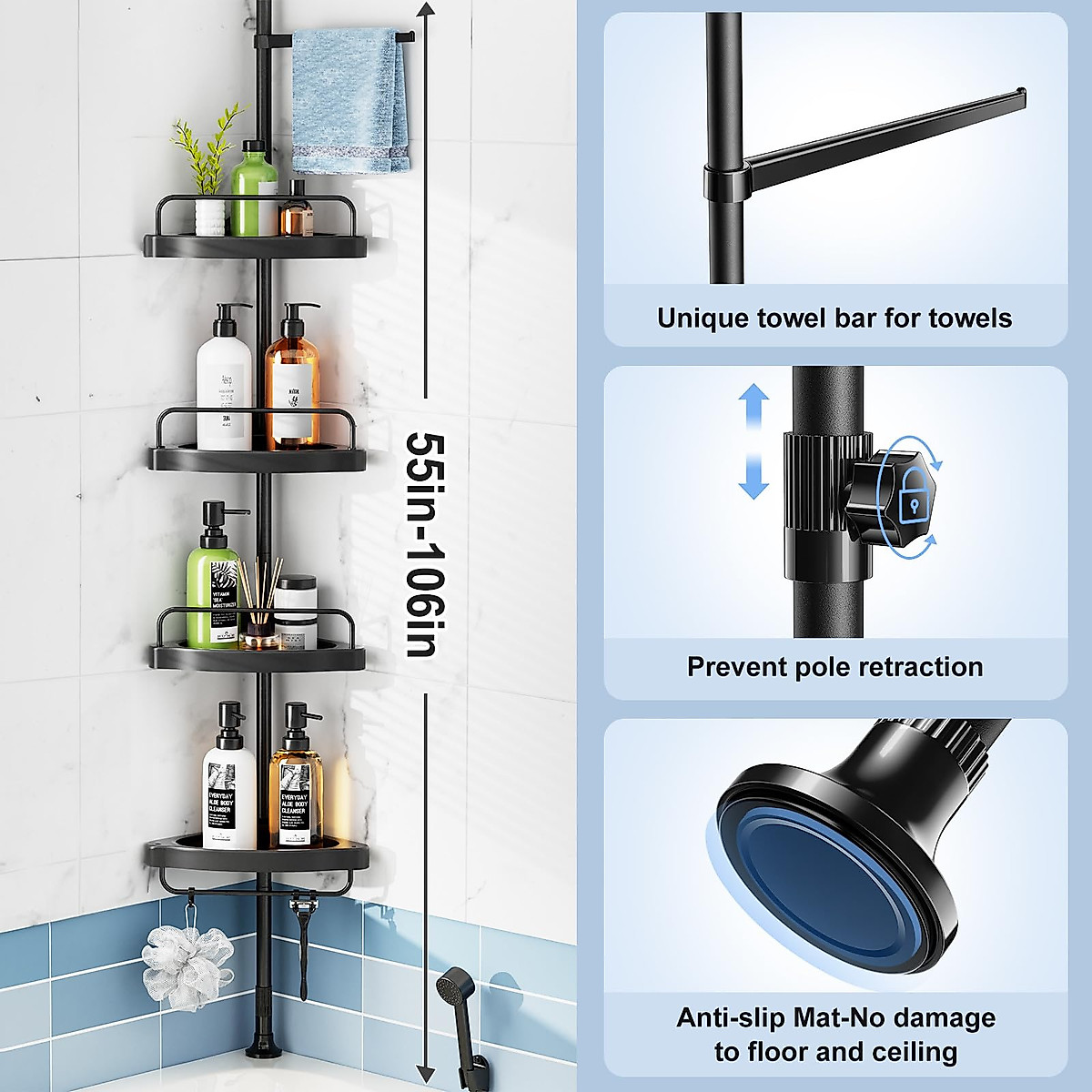 Roleader Corner Shower Tension Pole: Rust Proof 4Tier Shampoo Storage Organizer for Inside Shower-Telescoping Rod Rack Bathroom and Bathtub-Restroom Floor Standing Bath Holder Black