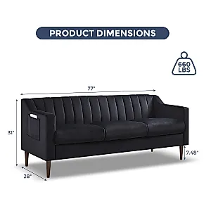IULULU Velvet Sofa, 77 Inch 3-Seater Mid Century Modern Accent Couch, Upholstered Futon with Side Pocket, Wood Legs, Black