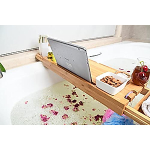 JinGarss Bamboo Bathtub Tray Caddy Bath Tub Tray Bridge Shower Shelves Organizer Tray 20-37 inch Expandable Rack Laptop Tray Caddy Bath Table with Wineglass Holder