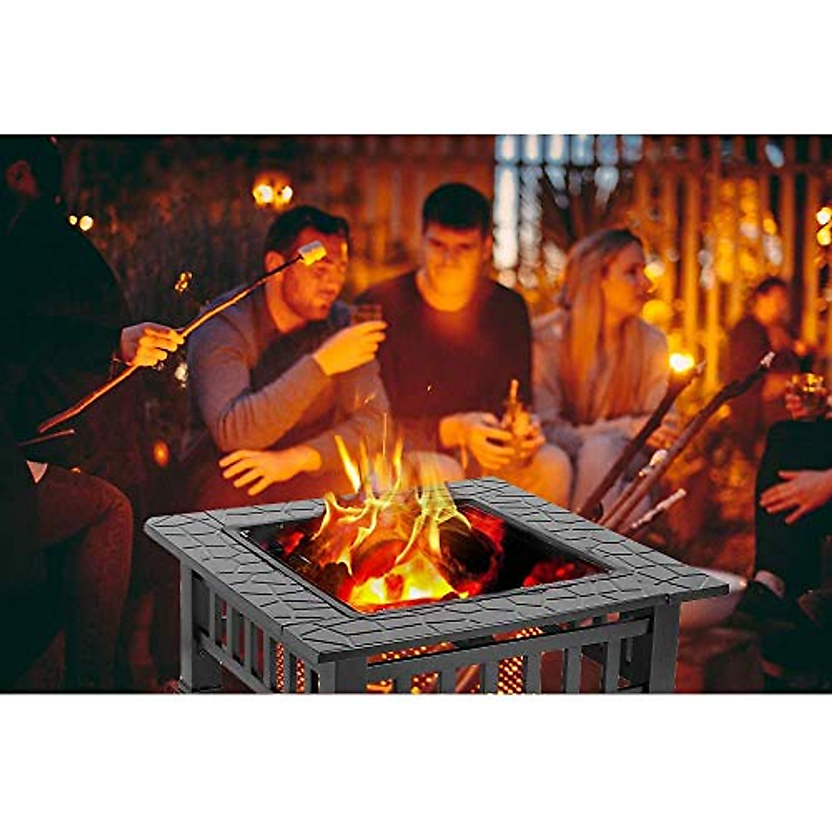 OKVAC 32" Outdoor Fire Pit, Square Metal Fireplace, Multifunctional Wood-Burning Stove w/Spark Screen, Poker, Cover, BBQ Net, Grate, for Outside, Camping, Patio, Picnic, Bonfire, Yard, Garden, Lawn