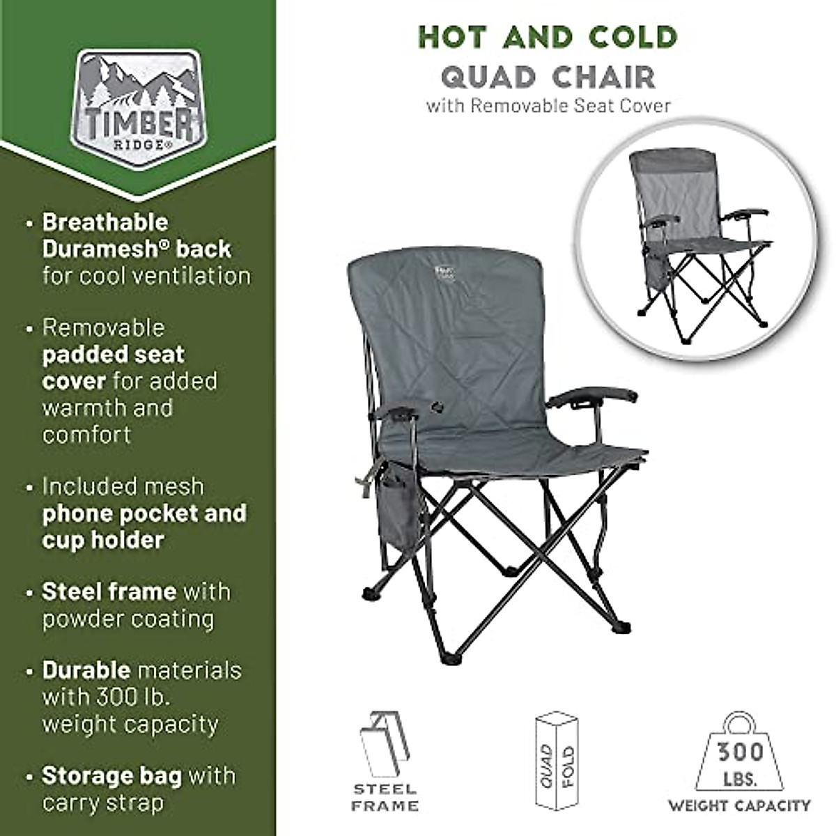 TIMBER RIDGE Folding Hot and Cold Camping Lawn Chair Removable Seat Padded Side Pocket Carry Bag Included, Supports Up to 300 LBS, Grey