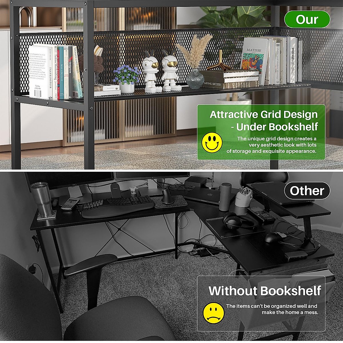 Unikito Cool L Shaped Computer Desk, Reversible Corner Office Desk with Smart Strip Light and Magic Power Outlets, Sturdy Ergonomic Gaming Table with Monitor Stand and Storage Shelf, Grid Design, Gray
