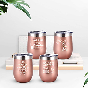 Christmas Stemless Wine Tumbler Set of 4, Funny Christmas Gifts for Women Wine Lovers Mom Sister Best Friends, Housewarming Gifts, Insulated Stainless Steel Wine Tumbler with lid(12oz, Rose Gold)