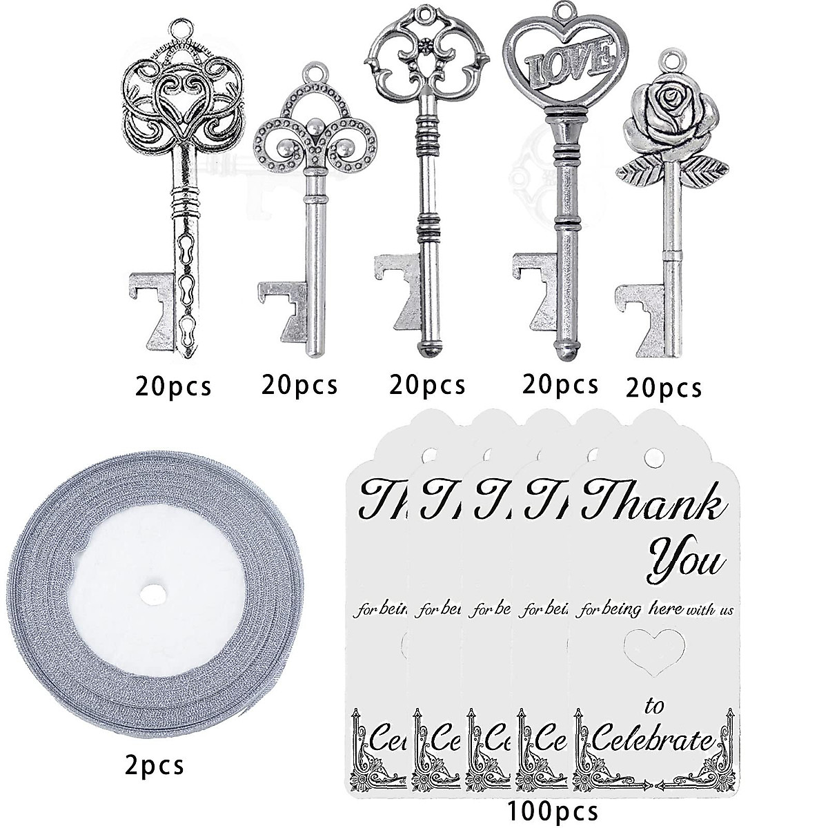 Makhry Skeleton Key Bottle Opener Wedding Favors 100pcs Guests Souvenir Gift set with Thank You Crads and Ribbons for Wedding Bridal Shower Party Favors(Silver)