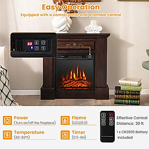 COSTWAY 32-inch Electric Fireplace with Mantel, 1400W Fireplace Heater with Remote Control, 3-Level Realistic Flame, 6H Timer, Overheat Protection, Wooden Surround Fireplace for Living Room, Brown