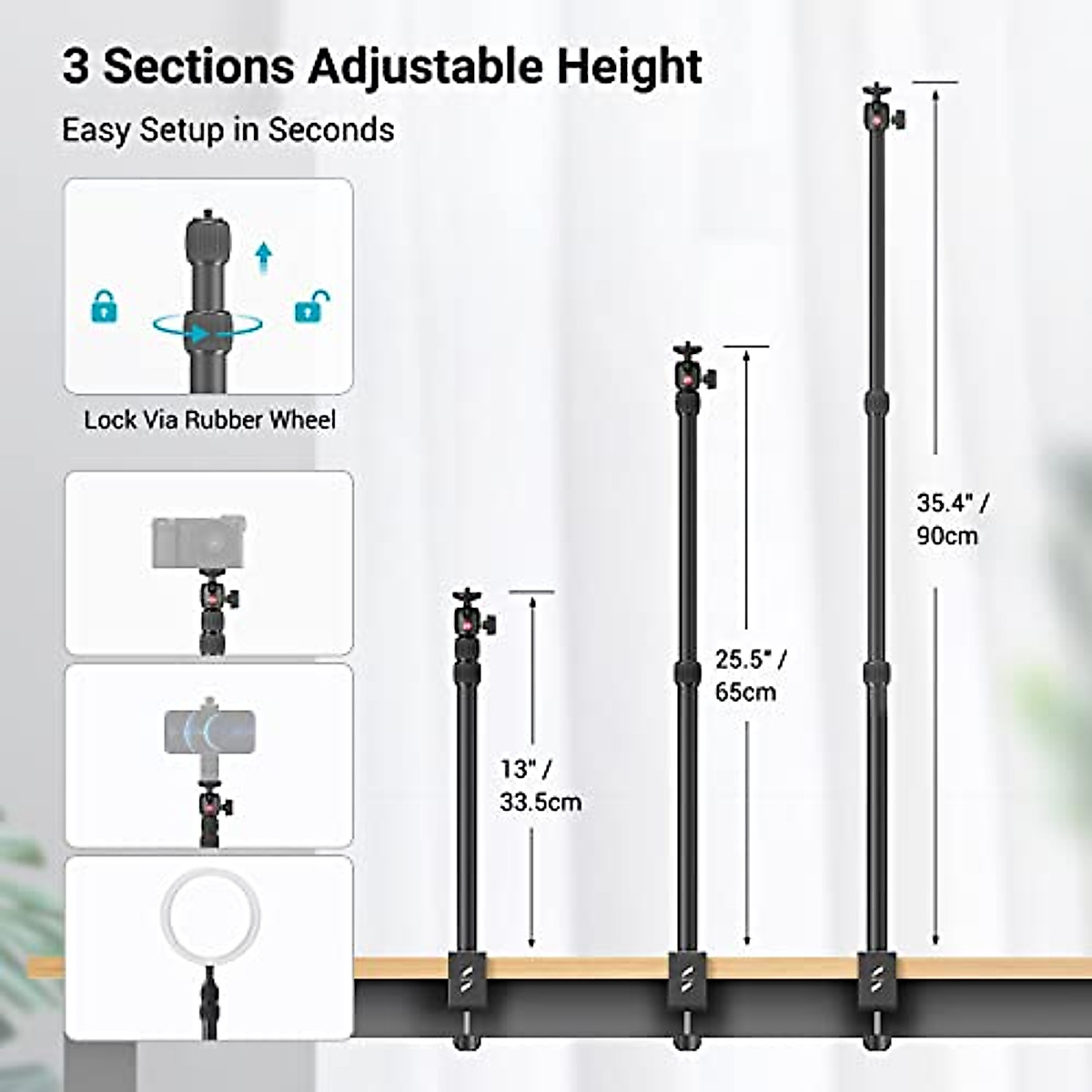 SmallRig Selection Camera Desk Mount Table Stand, Adjustable Light Stand 13"-35", Tabletop C Clamp for DSLR Camera, Ring Light, Live Streaming, Photo Video Shooting (1 PC)