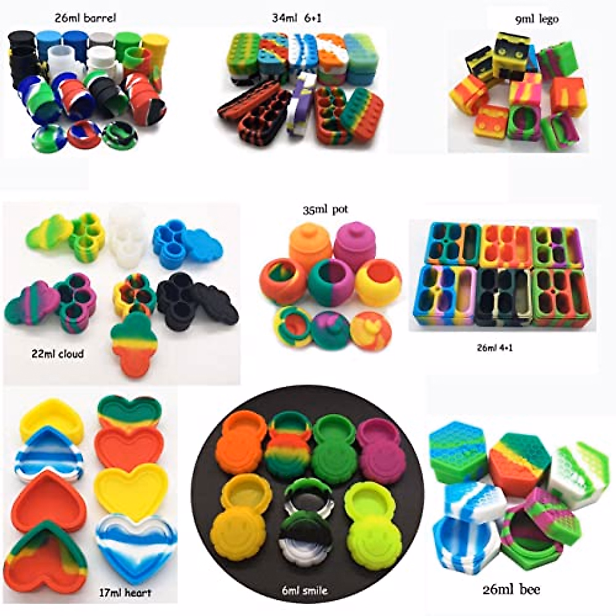 Pearwell Silicone Container 26ml Hexagon 34ml Multi Compartment 6ml 9ml 17ml 22ml 26ml 35ml Barrel Non-stick Concentrate Jars (9PCS)