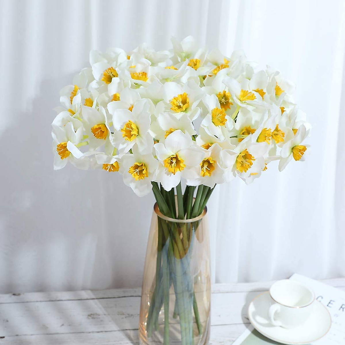 Mossyard 2 Bunches 12 Heads Artificial Daffodils, 15.8 Inches Long Stem Blossom Silk Sun Flowers for Home Wedding Office Party Garden Decor, Floral Arrangements, Table Centerpieces, Yellow