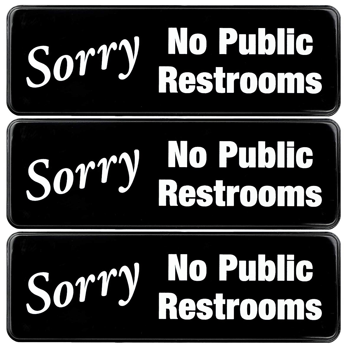 Excello Global Products Sorry No Public Restroom Sign: Easy to Mount Informative Plastic Sign with Symbols 9x3, Pack of 3 (Black)