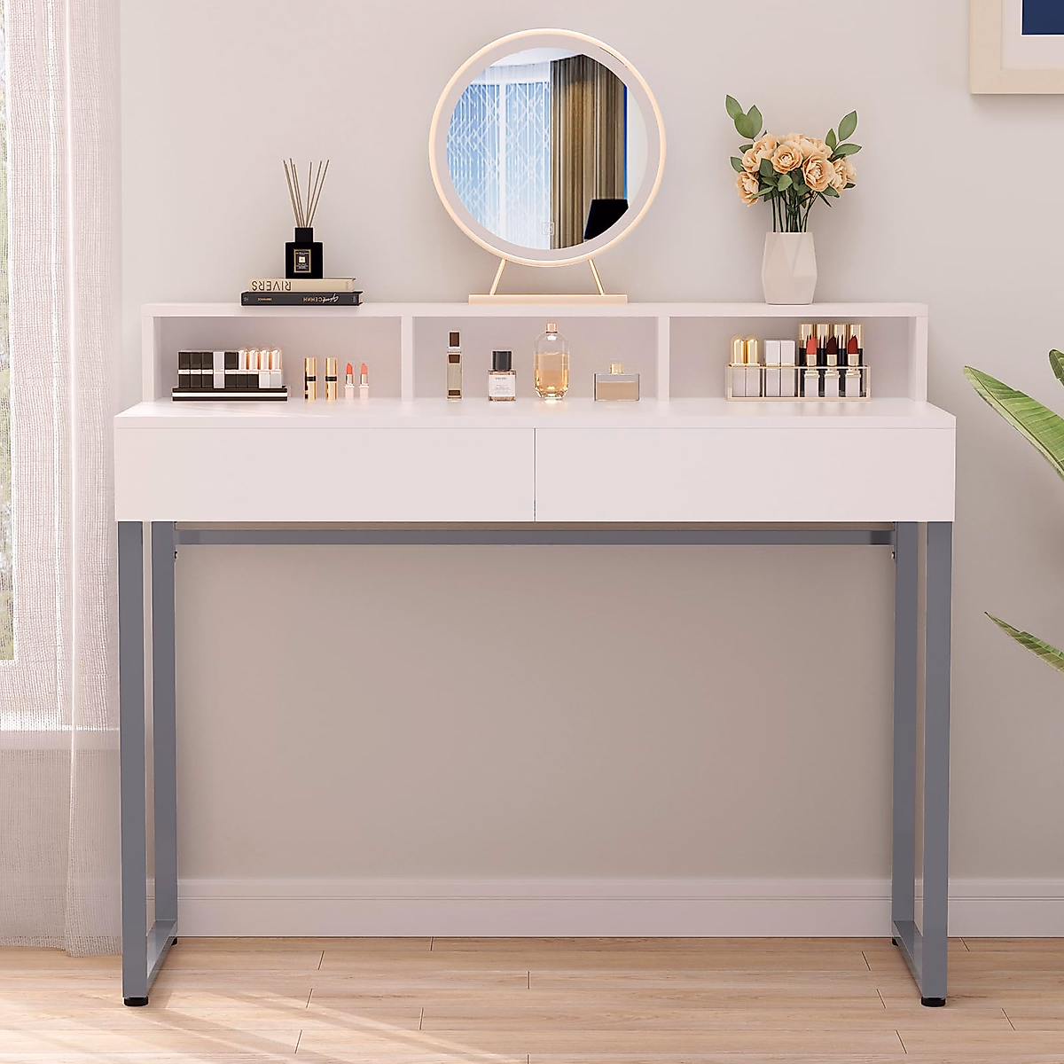 GreenForest Vanity Desk with 2 Drawers, White Makeup Desk with 3 Storage Spaces, 31.5 inch Small Desk with Silver Metal Legs, Modern Home Office Desk for Kids, Bedroom (No Mirror)
