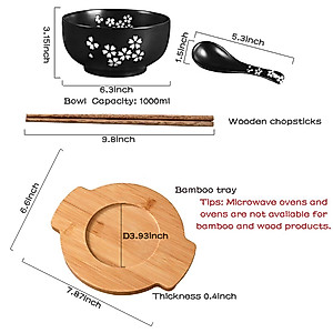 YingXue Japanese Cuisine Bowl (6.3 by 3.15 In) Set with Wooden Lid, Soup Spoon, Wooden Chopsticks, Bamboo Tray, Ceramics Sakura Ramen bowl, Ceramic Instant Noodle Bowl, Salad Bowl Soup Bowl Rice Bowl