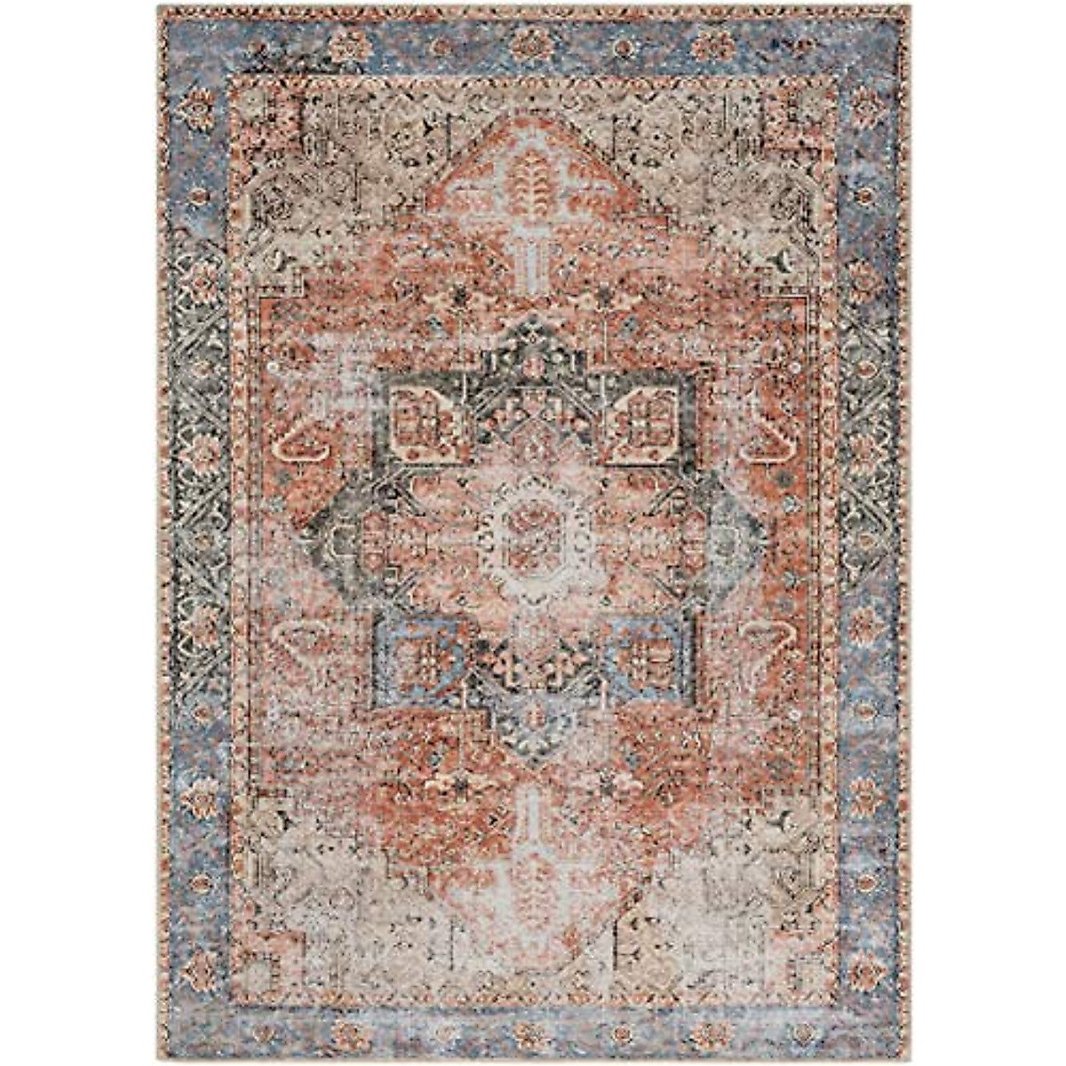 Livabliss Suri Vintage Washable Area Rug 5'3" x 7'3", Rust/Blue