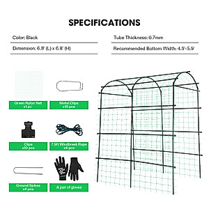 VIVOSUN 7Ft. Arch Trellis for Climbing Plants, 7 x 6 x 7ft Tall Metal Tunnel Trellis, Lightweight Metal Plant Support Archway with Nylon Netting for Climbing Vine, Vegetables, Fruits, Flowers, Black