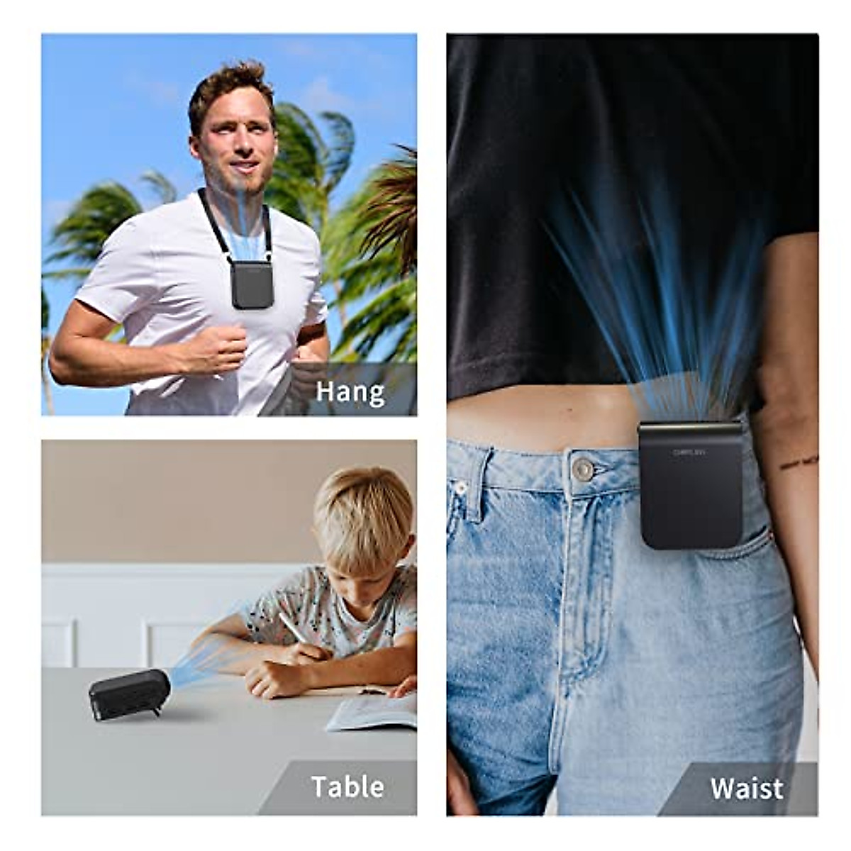 CARRYLOVE Portable Mini Waist Clip on Fan, Personal Necklace Fans, USB Rechargeable Operated, 3 Speeds, Hand Free Belt Fan for Outdoor Working, Climbing, Hiking, Camping, Cycling Fishing (Black)