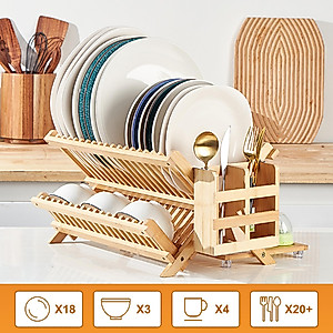 Olioeiao Bamboo Dish Drying Rack for Kitchen - Collapsible 3-Tier Wooden Folding Drainer with Utensil Holder and Dish Strainer Board for Countertop, Sink, and Racks Dryer (Natural)