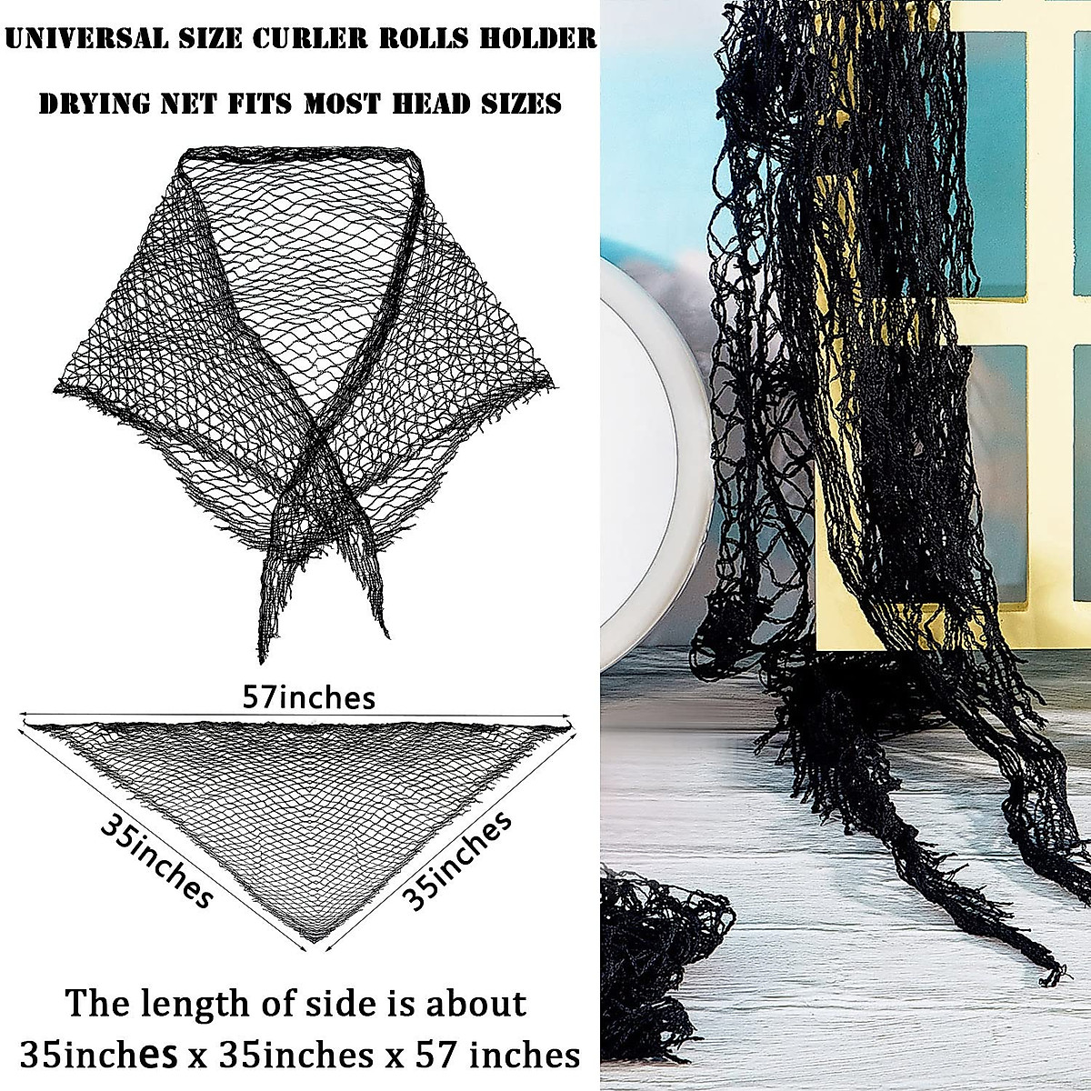 WILLBOND 4 Pieces Triangle Hair Net for Rollers, Women Hair Net Mesh Hair Net Triangular Hair Setting Net for Sleeping, 35 x 35 x 57 Inches (Black)