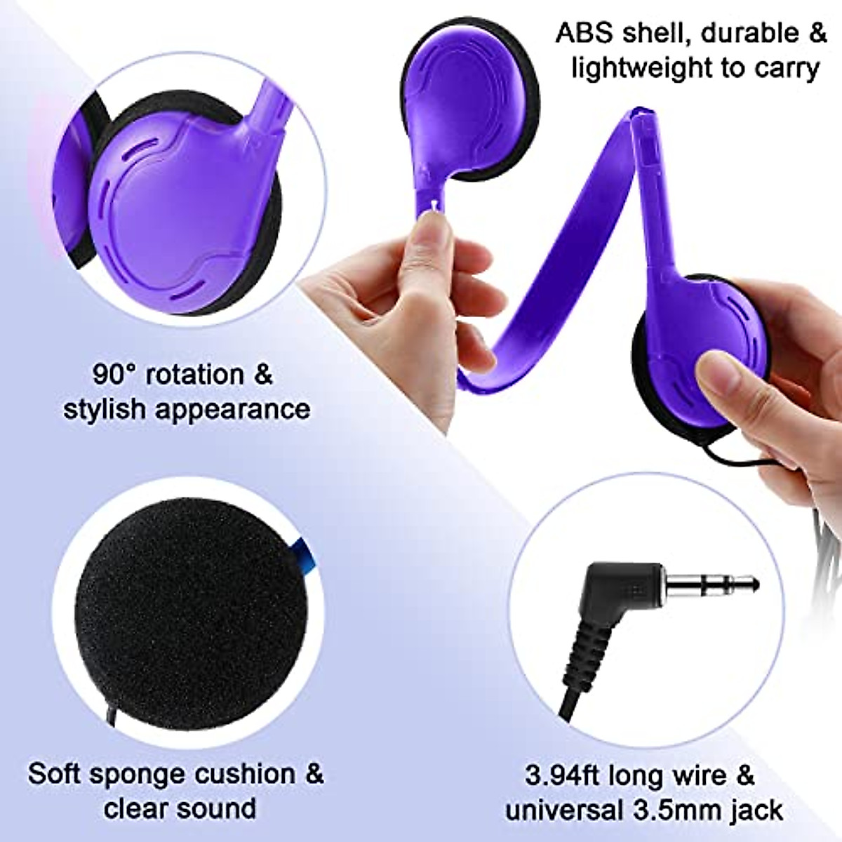 Yunsailing 30 Pack Class Set Headphones for Kids Students Bulk School Classroom Headphones Over Head Earphones on Ear Earbuds Adjustable with 3.5 mm Jack for Child Children Adults (Bright Colors)