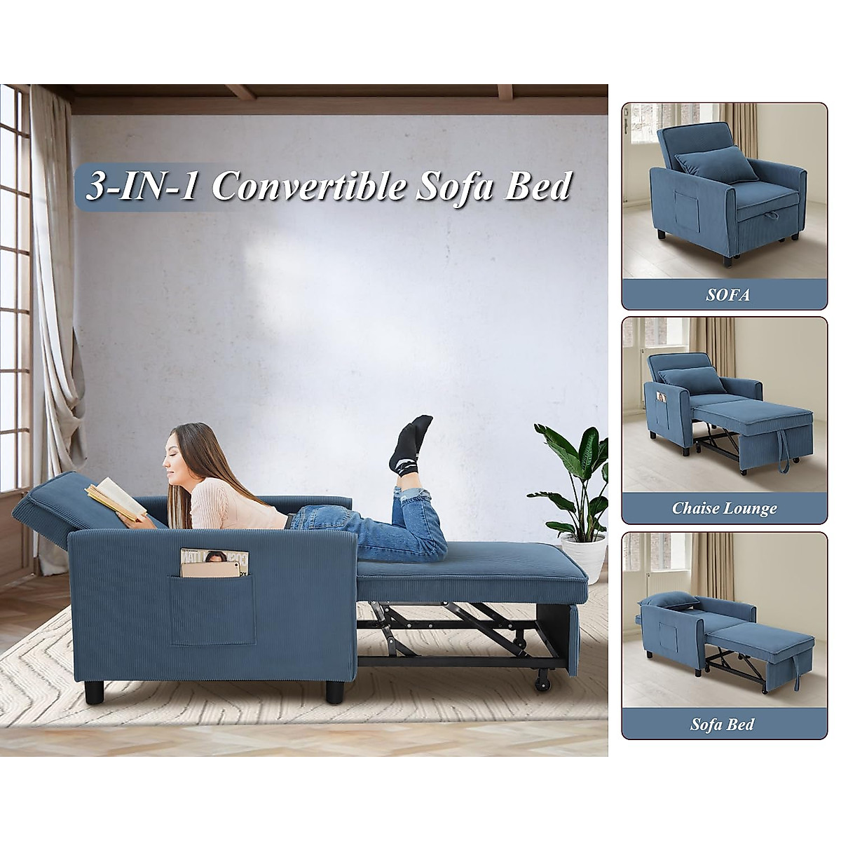 SEJOV Convertible Sofa Bed, 3 in 1 Couch Pull-Out Bed, Loveseat Sleeper Sofa Bed with 3 Adjustable Backrest, Recliner with Throw Pillow, Small Space for Living Room, Apartment, Bedroom, Blue