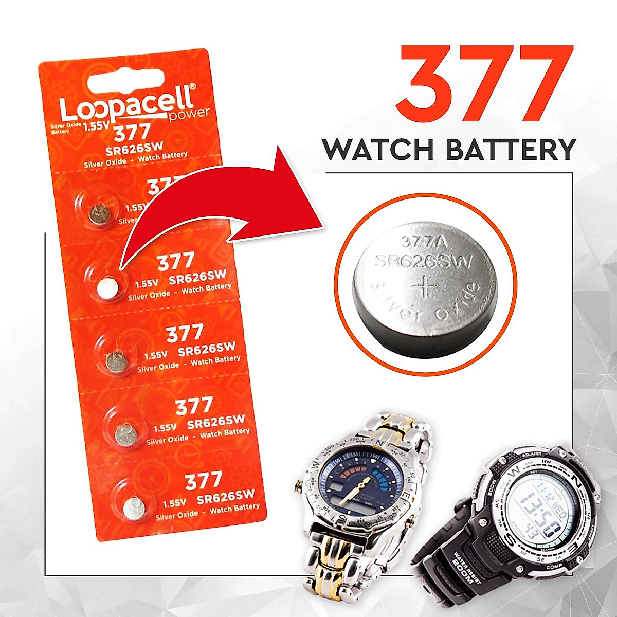 LOOPACELL 377/376 / SR626W / SR626SW / Silver Oxide Watch 100 Pack