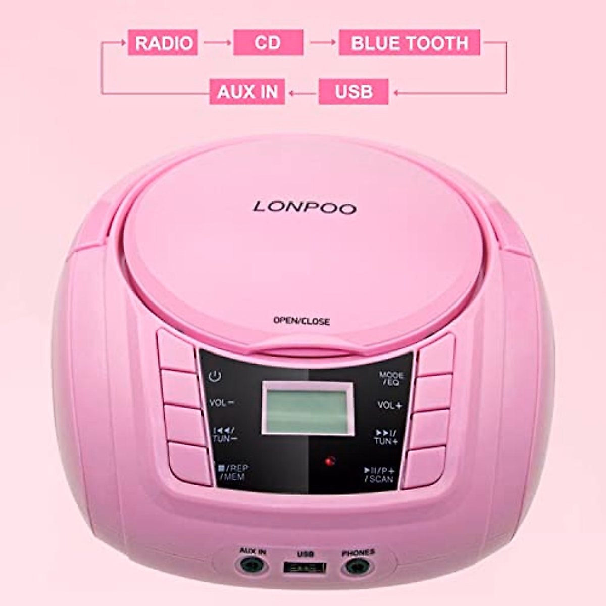 LONPOO Portable CD Player Kids Gift Boombox Classic Stereo Sound System Outdoor Speaker with FM Home Audio Radio, Bluetooth, Aux-in, USB Playback, Pink
