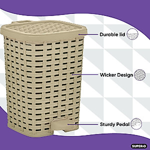 Superio Rattan Compact Trash Bin 6 Liter, Beige and Brown - Wicker Trash Can with Pedal Step On Lid
