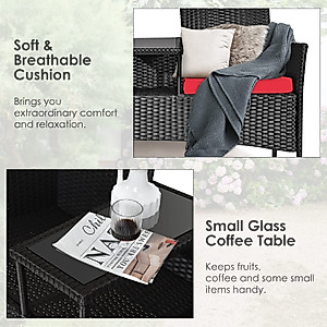 Toolsempire Outdoor Love Seat Wicker Patio Conversation Set, Rattan Outdoor Furniture Set with Cushion & Built-in Coffee Table, Patio Couch Outdoor Bench for Garden, Lawn, Backyard(Red)