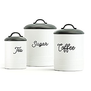 Barnyard Designs Black White Canister Sets for Kitchen Counter, Vintage Kitchen Canisters, Country Rustic Farmhouse Decor Kitchen, Coffee Tea Sugar Farmhouse Kitchen Decor, Metal, Set of 3